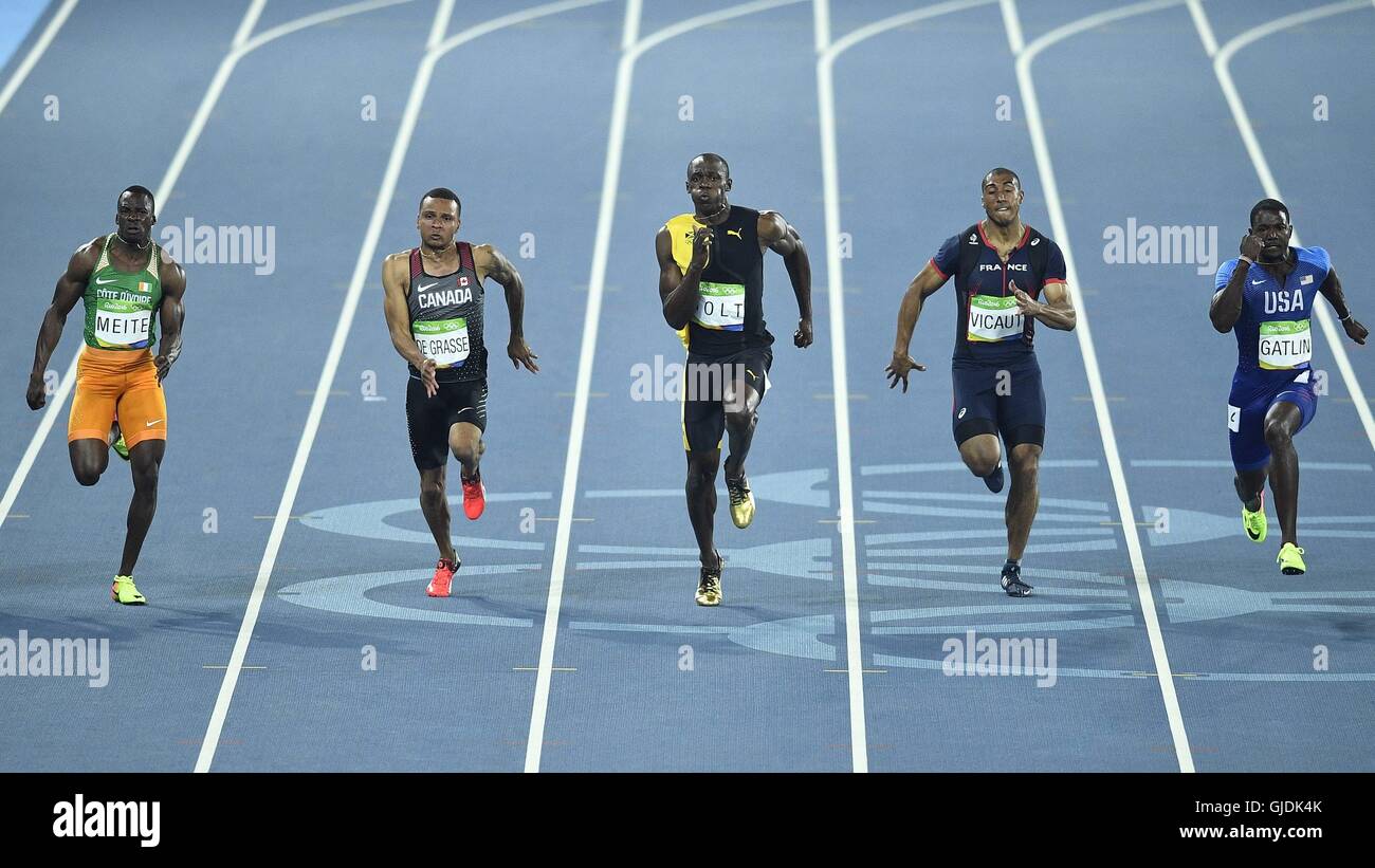 Rio De Janeiro, Brazil. 14th Aug, 2016. Usain Bolt of Jamaica (C ...
