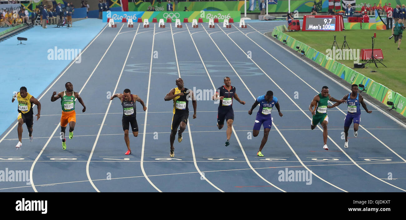 Rio de Janeiro, Brazil. 14th Aug, 2016. Usain Bolt of Jamaica (4th L ...