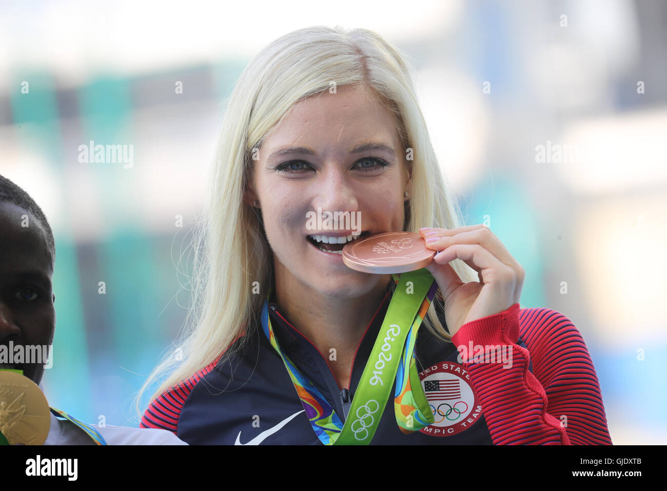 Rio de Janeiro, Brazil. 15th Aug, 2016. Emma Coburn of the USA poses ...