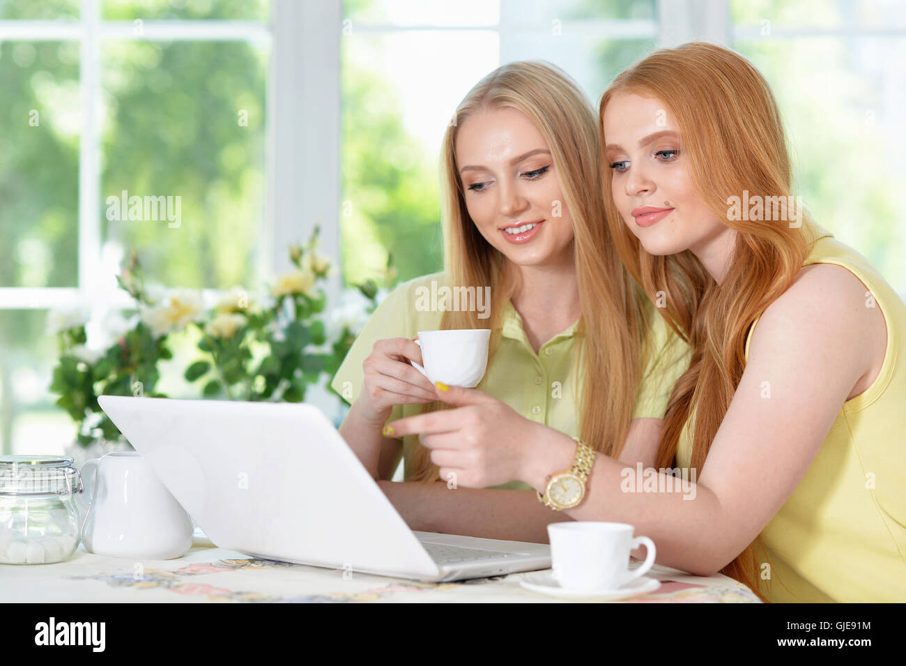 girls drinking tea with laptop Stock Photo - Alamy