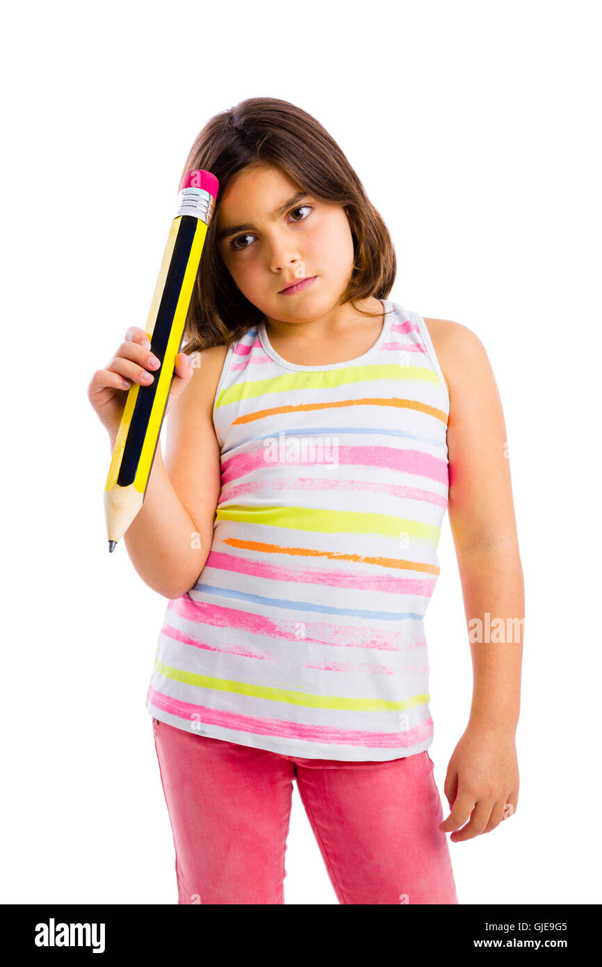 Beautiful young girl with a thinking expression while holding a big ...