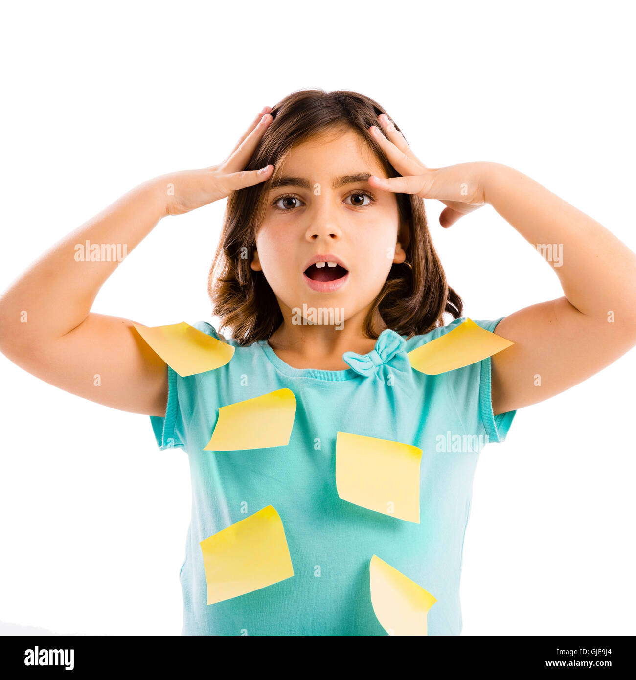 Stressed young girl with yellow notes sticked all over the body Stock ...