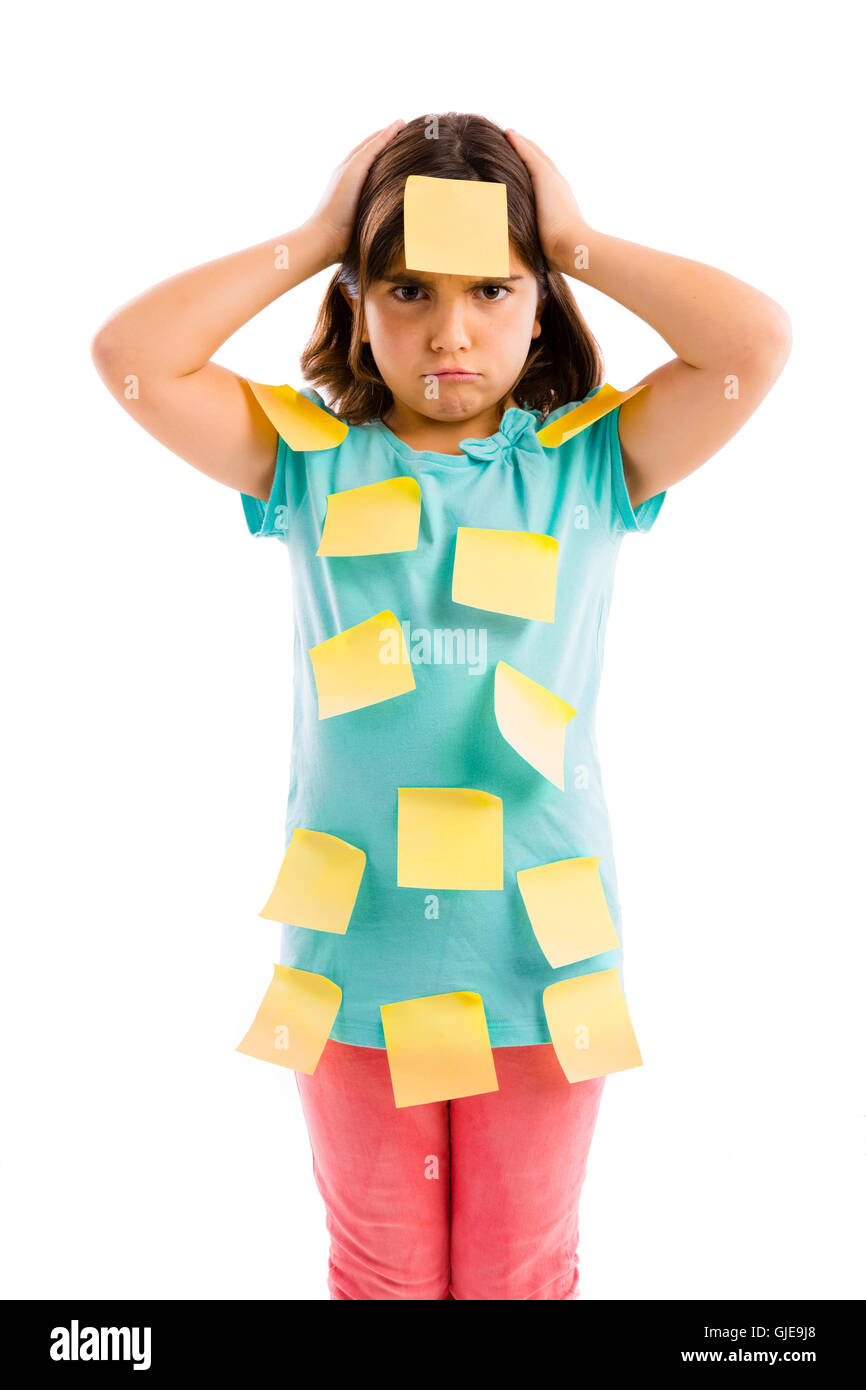 Stressed young girl with yellow notes sticked all over the body Stock ...