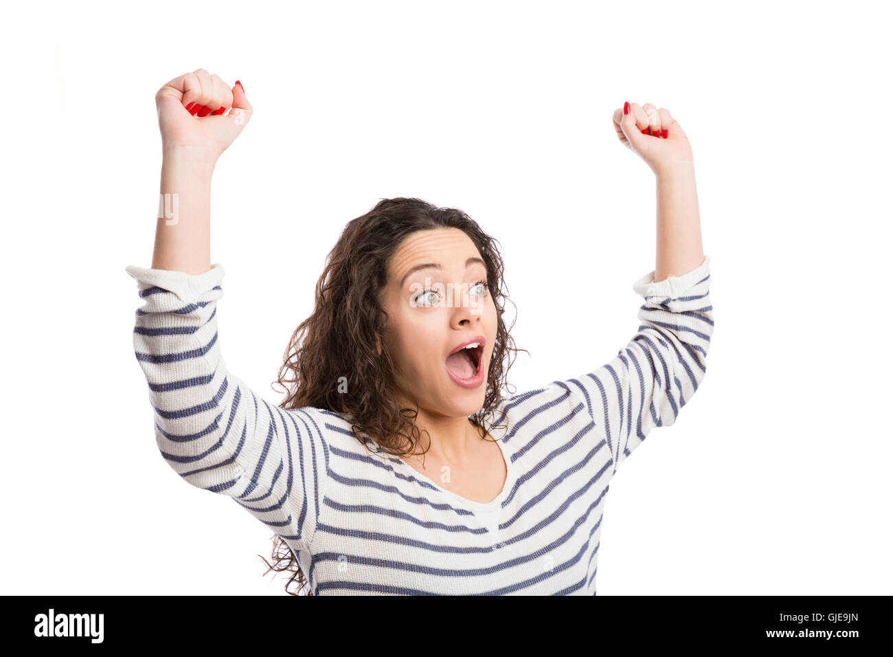 Beautiful and happy woman with both arms, isolated over white ...