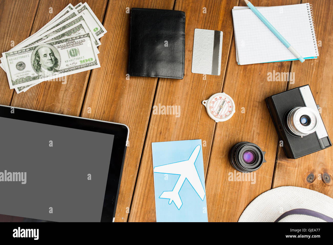 close up of gadgets and traveler personal stuff Stock Photo - Alamy