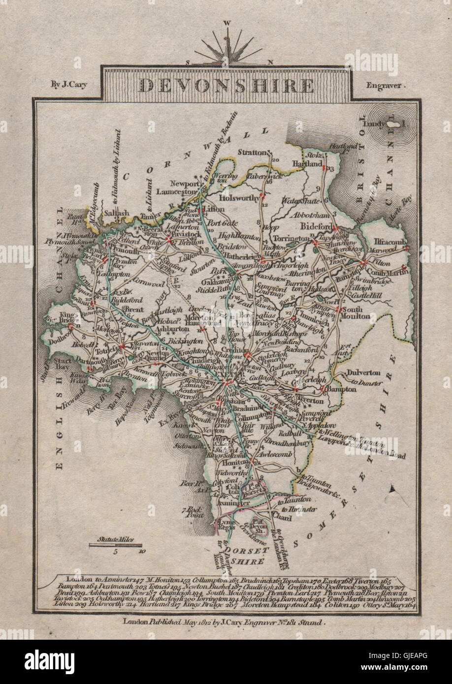 DEVONSHIRE by John CARY. Miniature antique county map. Original colour ...