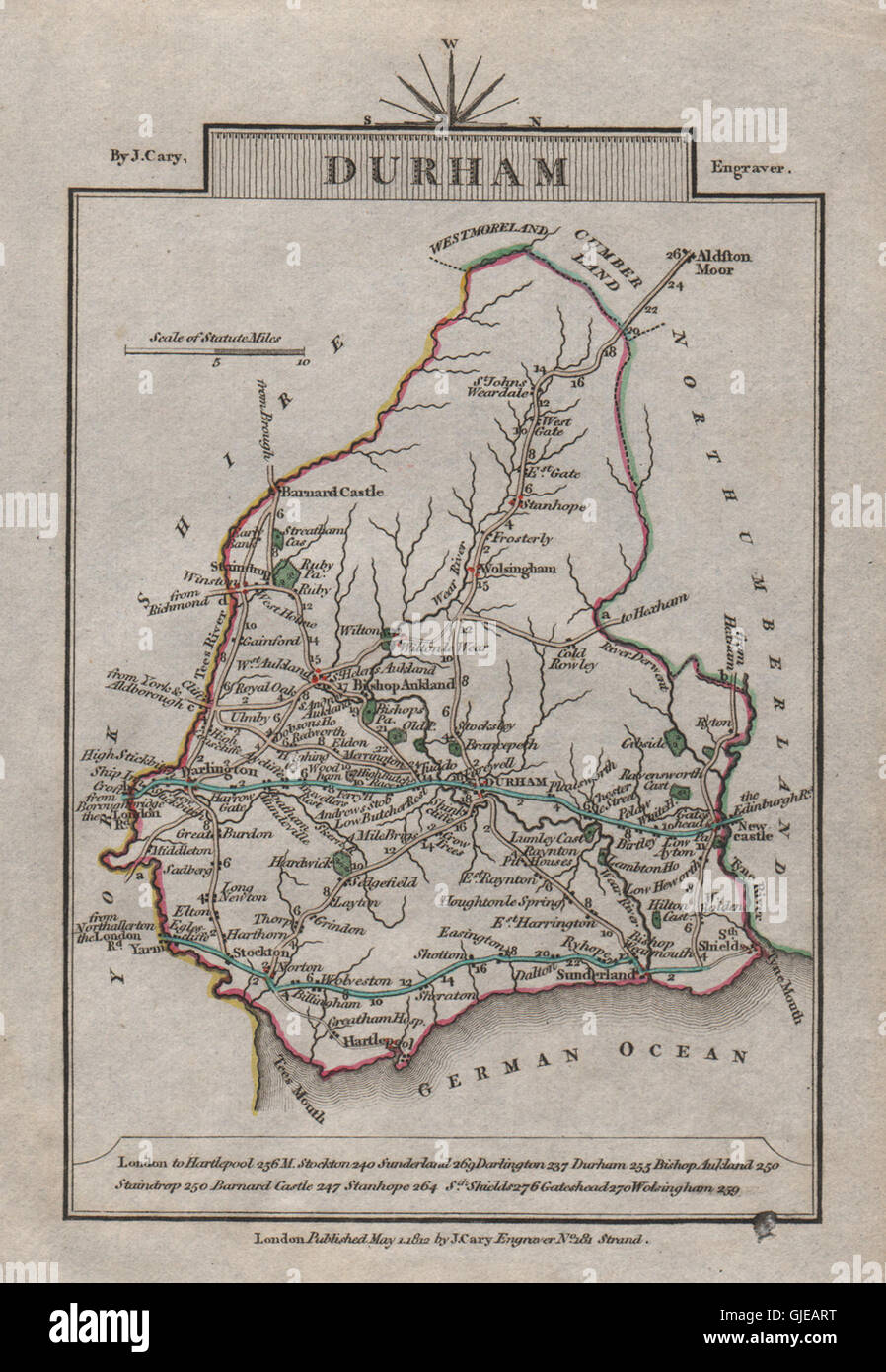 DURHAM by John CARY. Miniature antique county map. Original colour ...