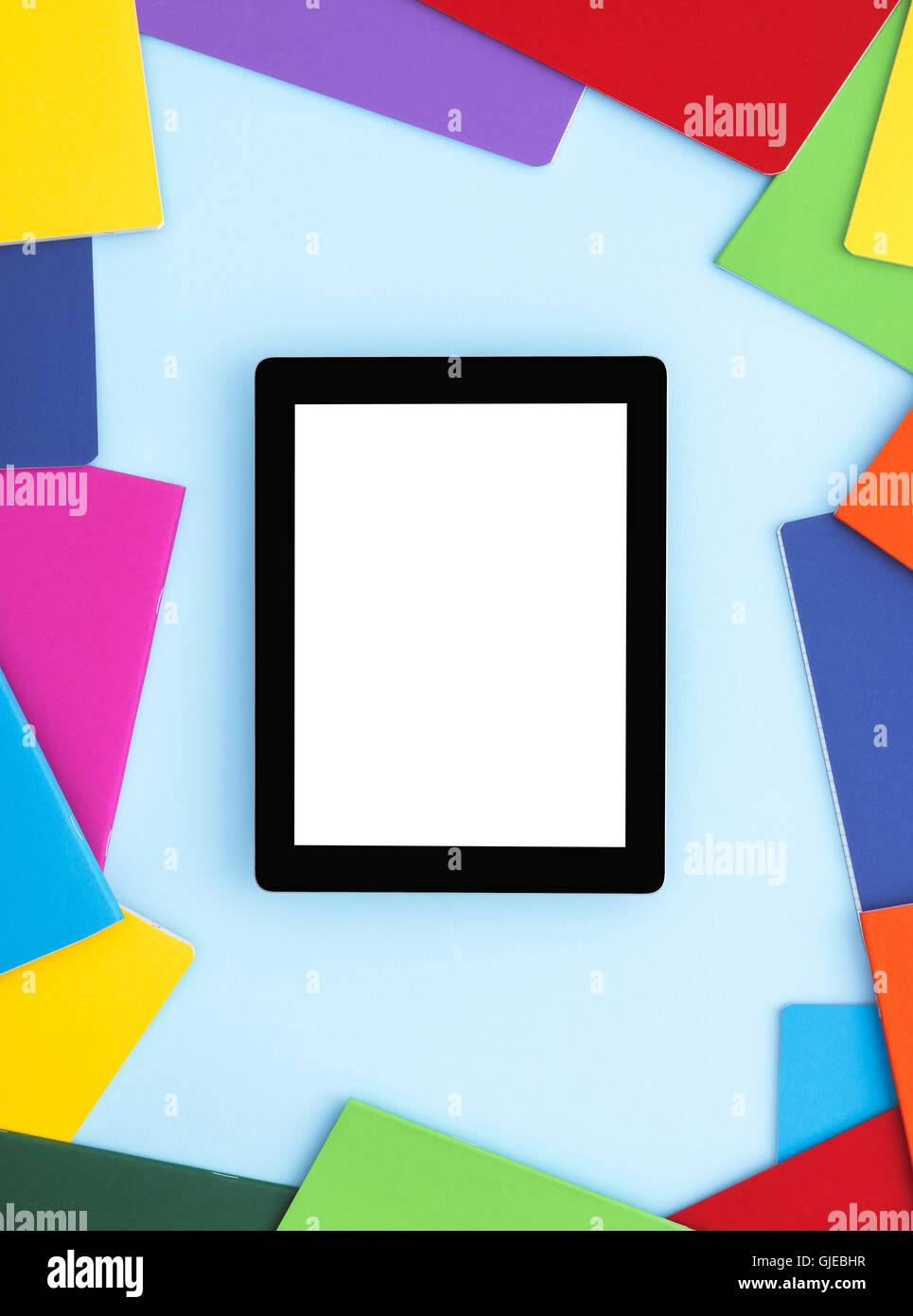 Back to school background with tablet and colorfull notebooks. Back to ...