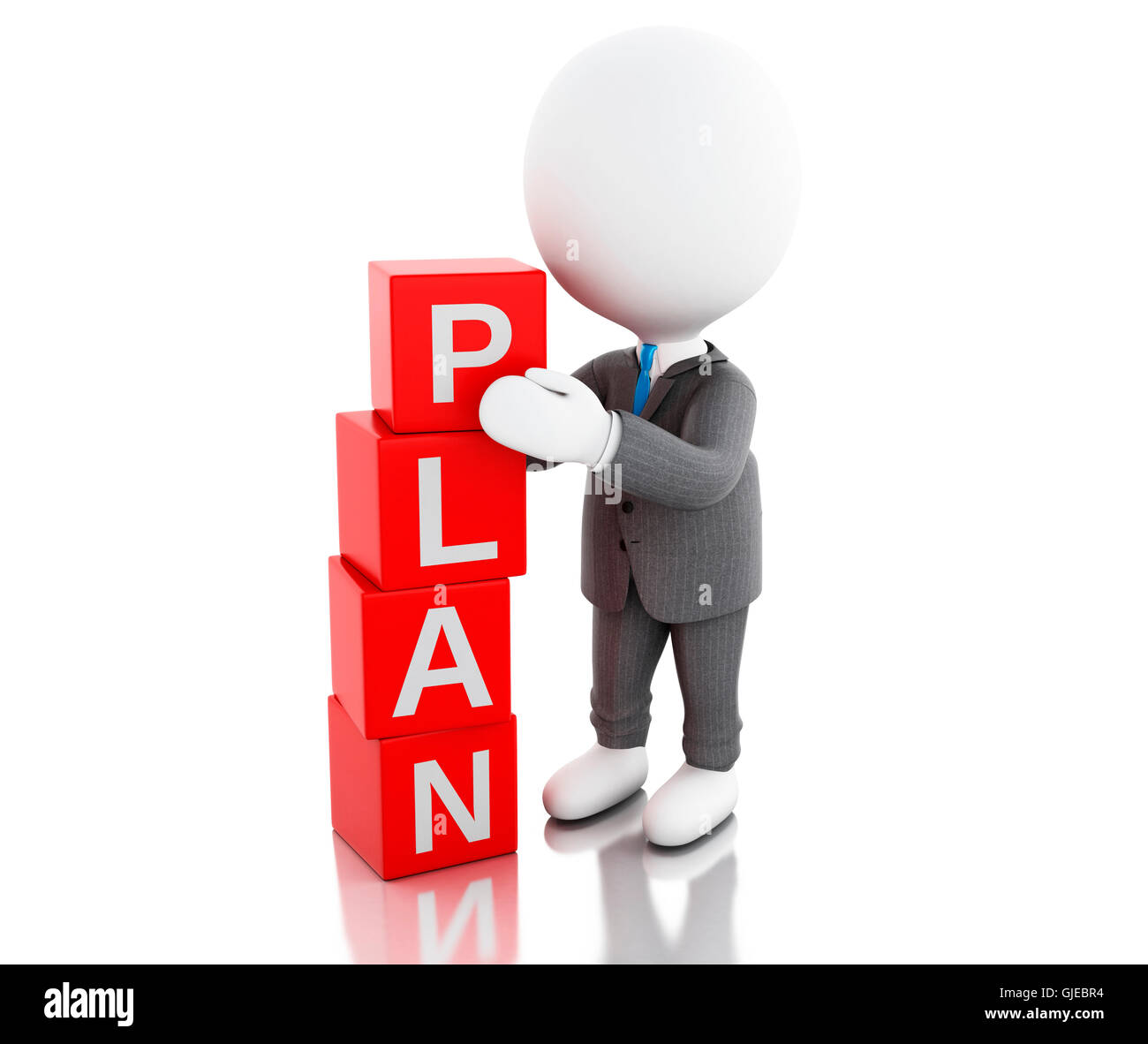 3d illustration. White business people with cubes with word plan ...