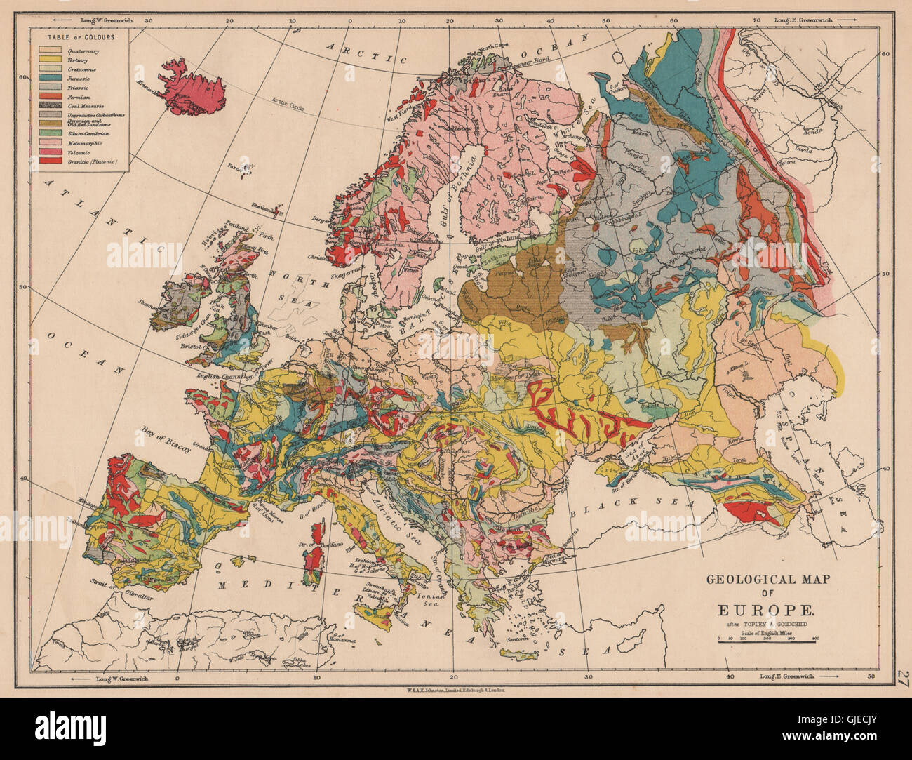 EUROPE GEOLOGICAL. Quaternary Tertiary Cretaceous Jurassic &c JOHNSTON ...