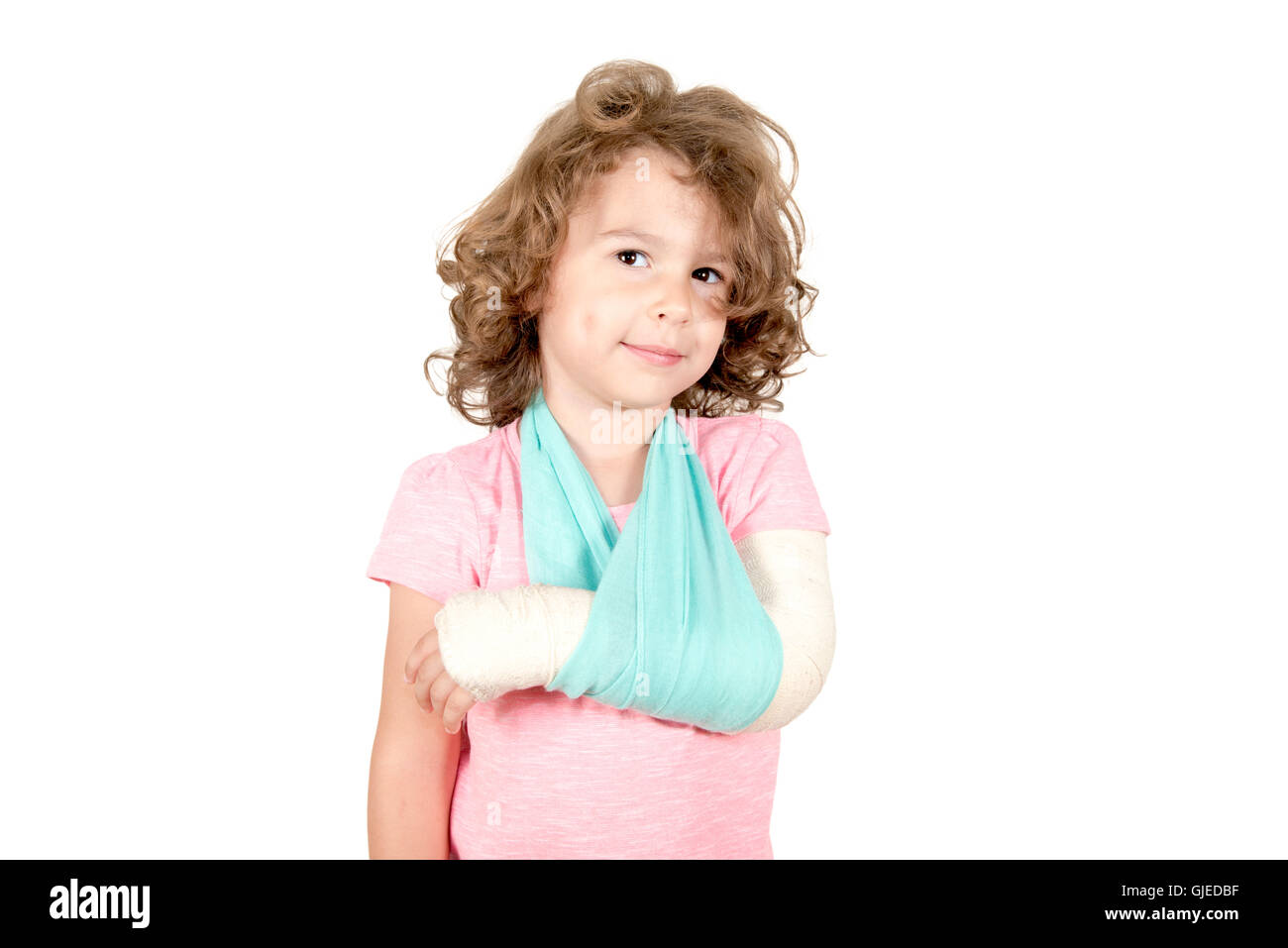 Little kid with the broken hand isolated on white background Stock ...