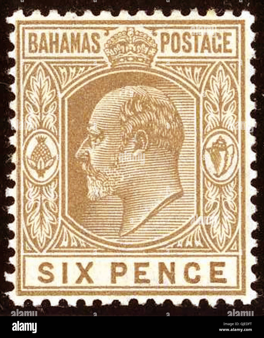 The 1911 Bistre-brown 6p stamp from the Bahamas (Yv38 SG74) features a ...
