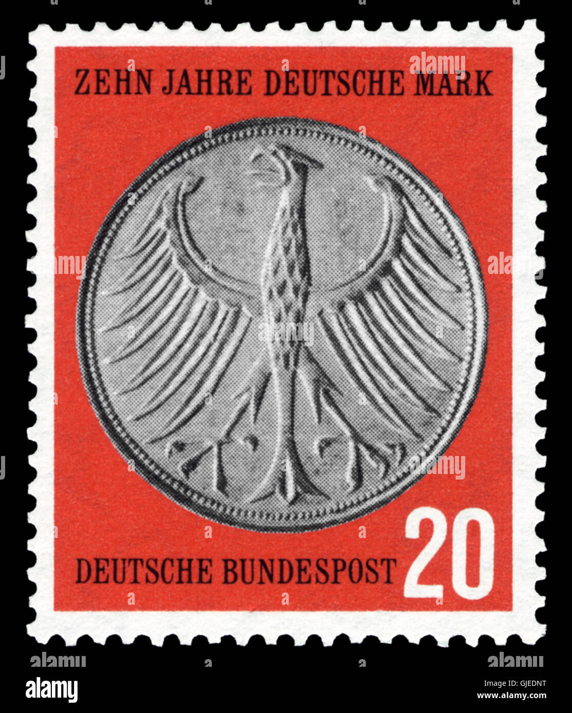 The 1958 DBP 291 Deutsche Mark stamp features a postal mark and ...