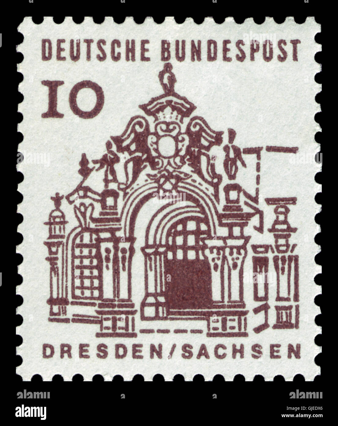 The 1964 DBP 454 stamp showcases the Dresdner Zwinger, a famous ...