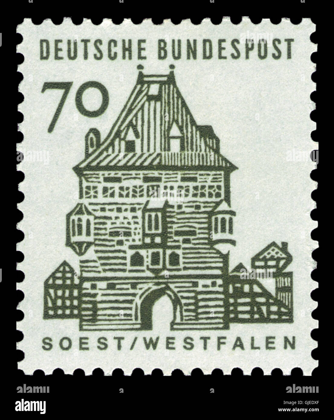 The 1964 DBP 460 stamp features the Osthofentor gate, a historic ...