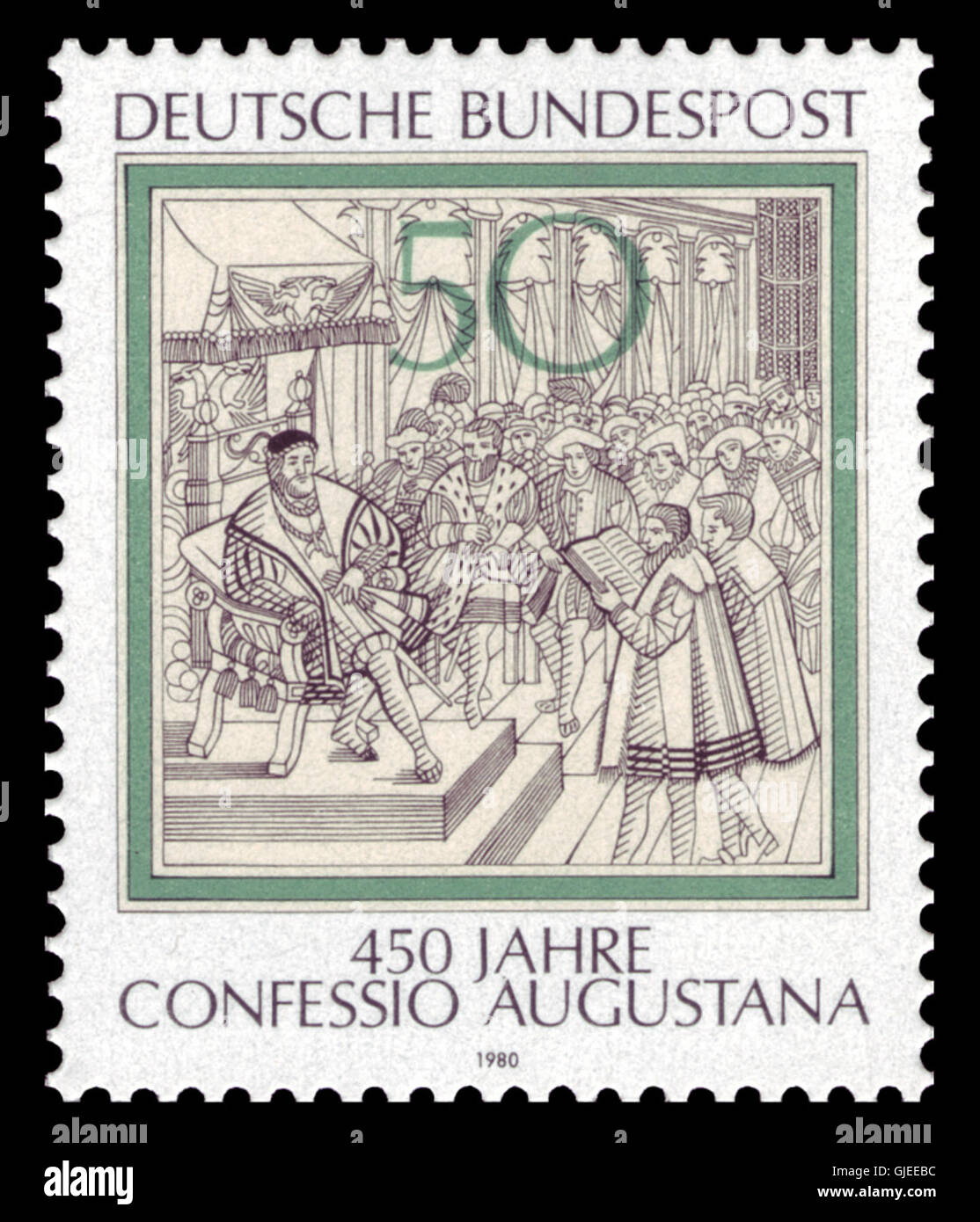 The 1980 DBP 1051 Confessio Augustana stamp commemorates the Augsburg ...