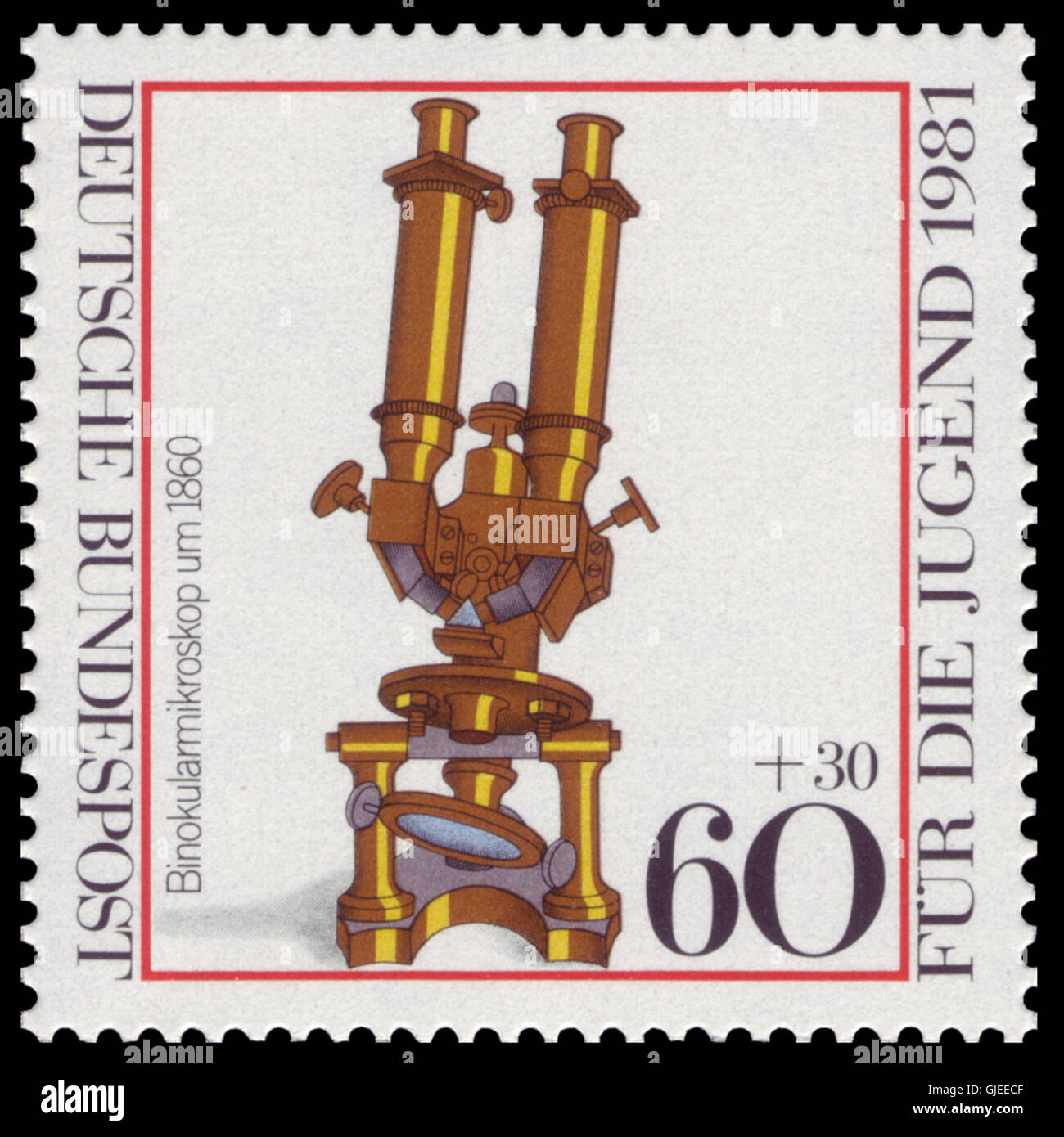 The DBP 1981 1092 Jugend Binocular Microscope stamp commemorates the ...