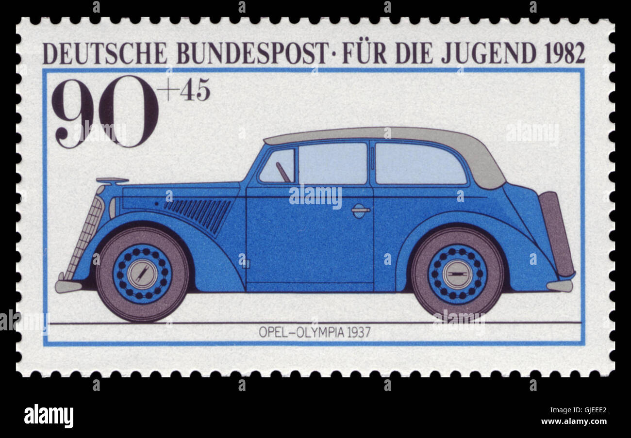 The DBP 1982 1126 Jugend Opel Olympia stamp commemorates the Opel ...