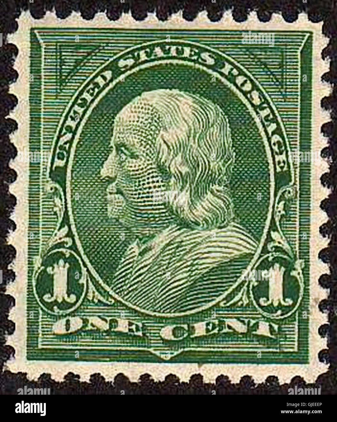 The 1898 1c Franklin stamp, issued by the United States, features an ...