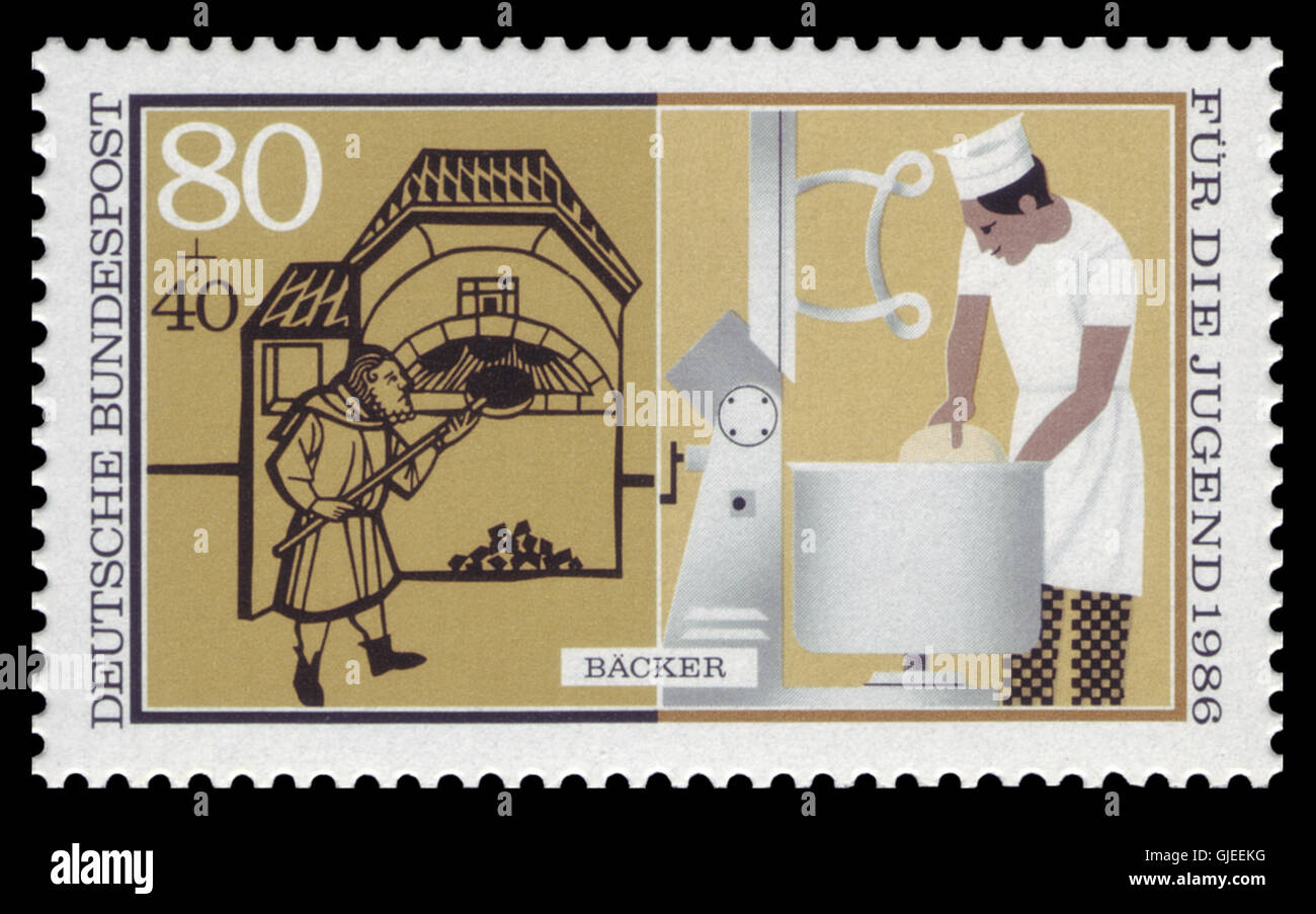 The DBP 1986 1277 stamp features an image of a young baker, symbolizing ...