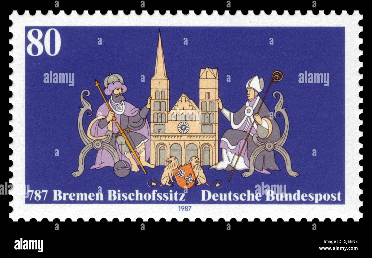 The DBP 1987 1329 Bischofssitz Bremen stamp, issued by Germany ...