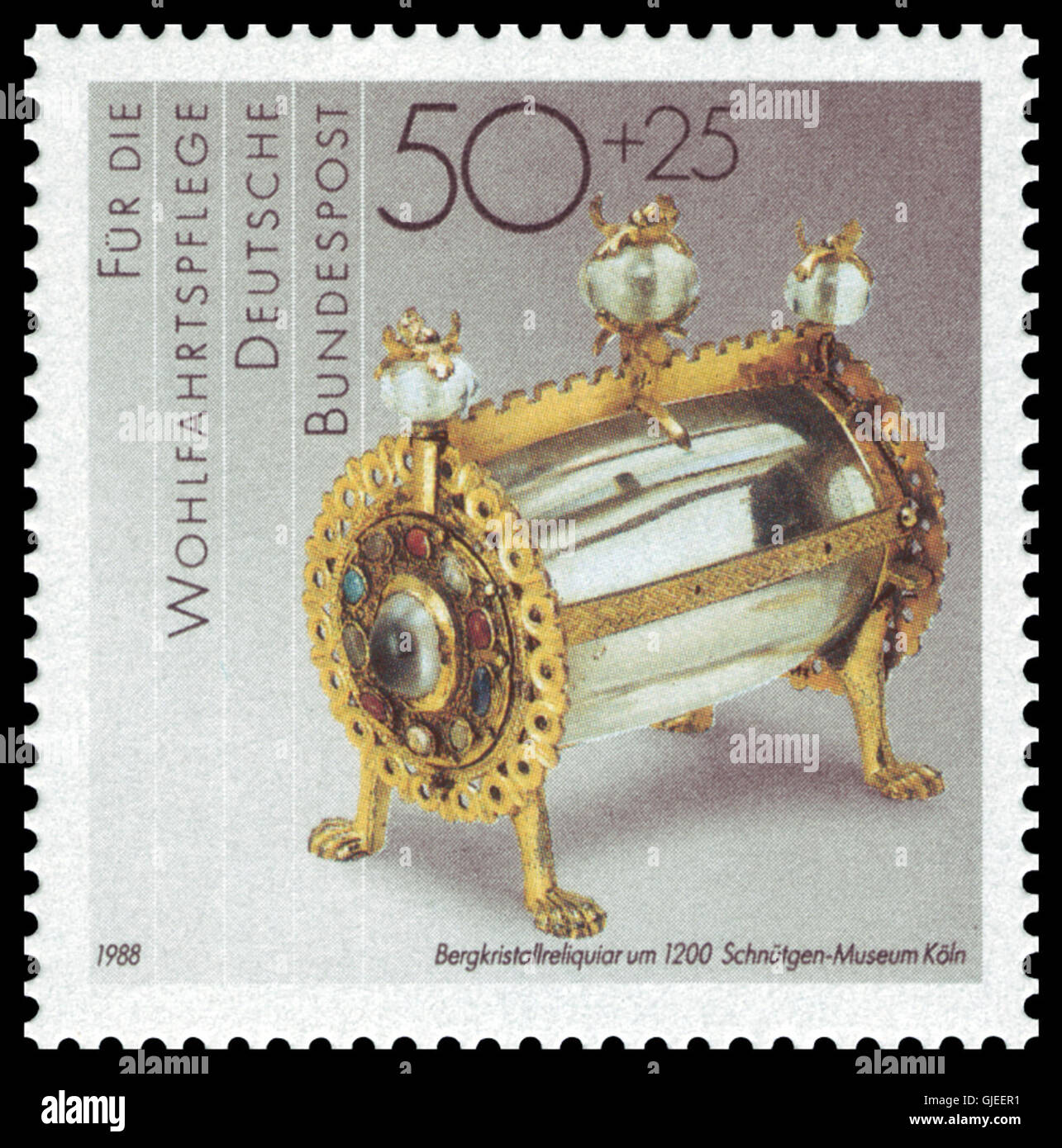 The DBP 1988 1383 stamp features the Bergkristallreliquiar, a religious ...