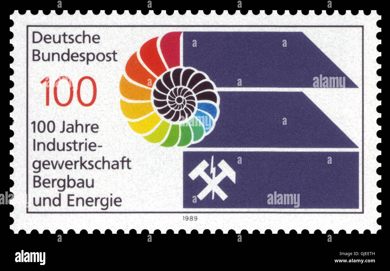 The 1989 DBP 1436 stamp commemorates the IG Bergbau und Energie, an ...