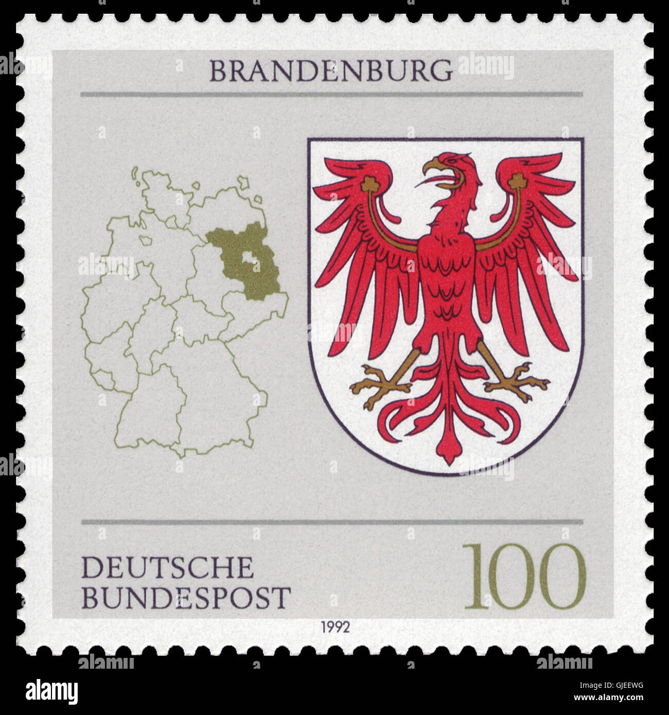 The DBP 1992 1589 stamp features the coat of arms of Brandenburg ...