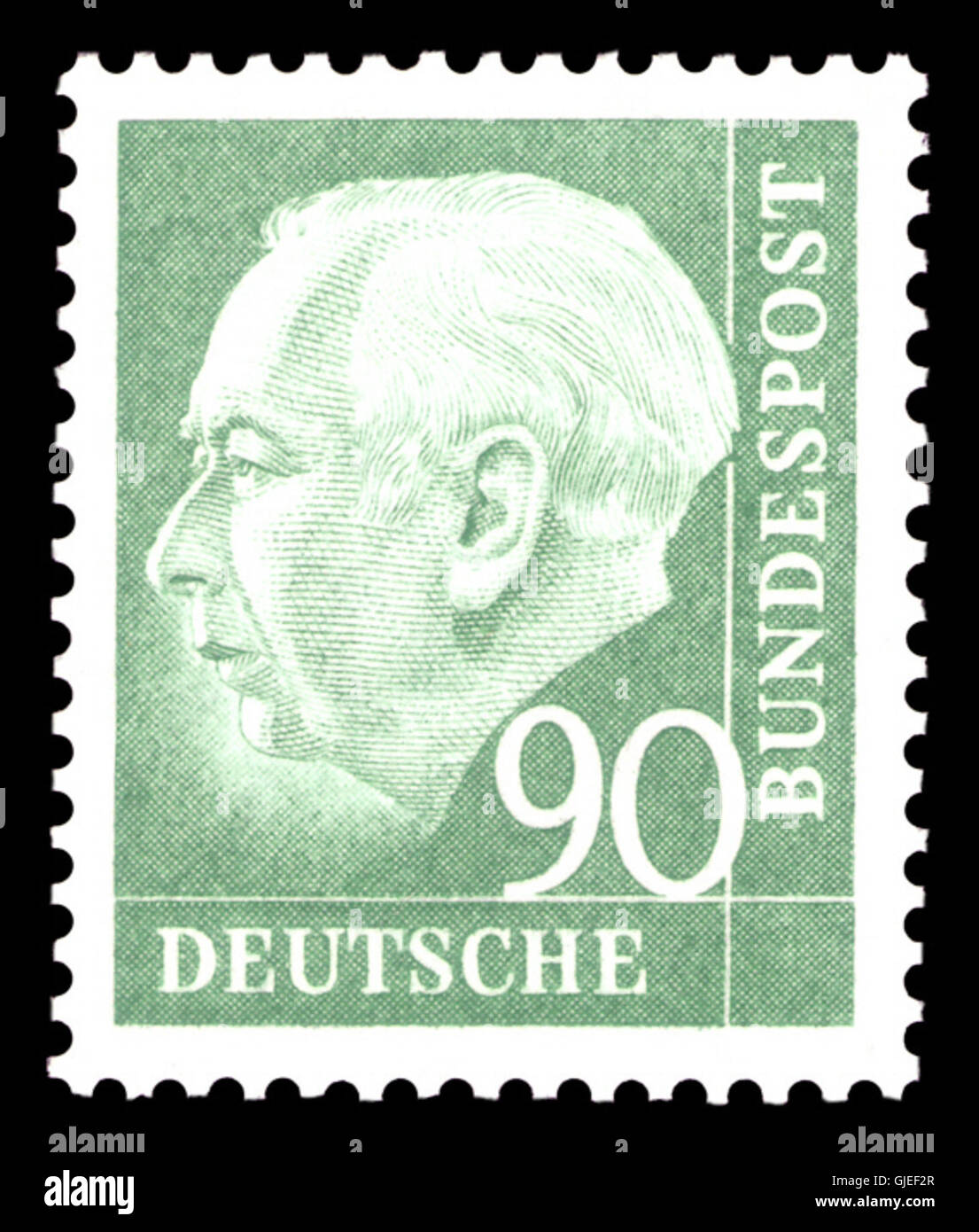 The 1957 DBP 265 Heuss dunkelopalgrün 90 Pf stamp features a portrait ...