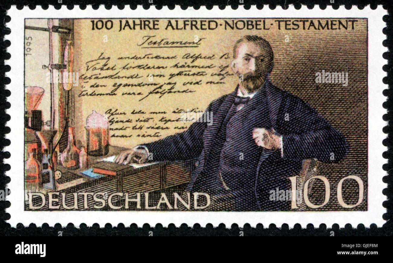 The 1995 German stamp MiNr 1828 honors Alfred Nobel and his testament ...