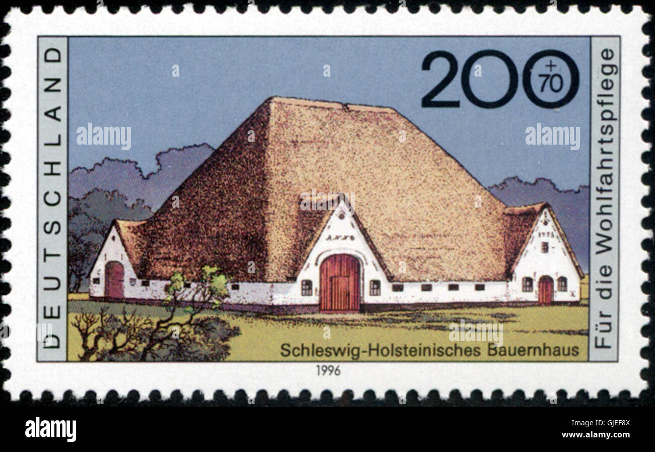 The 1996 German stamp features a depiction of a Bauernhaus (farmhouse ...