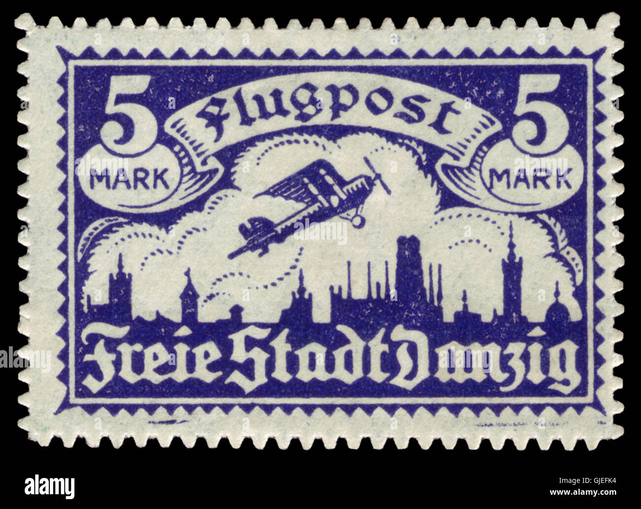 The 1921 Danzig 70 Flugpost stamp commemorates the first airmail flight ...