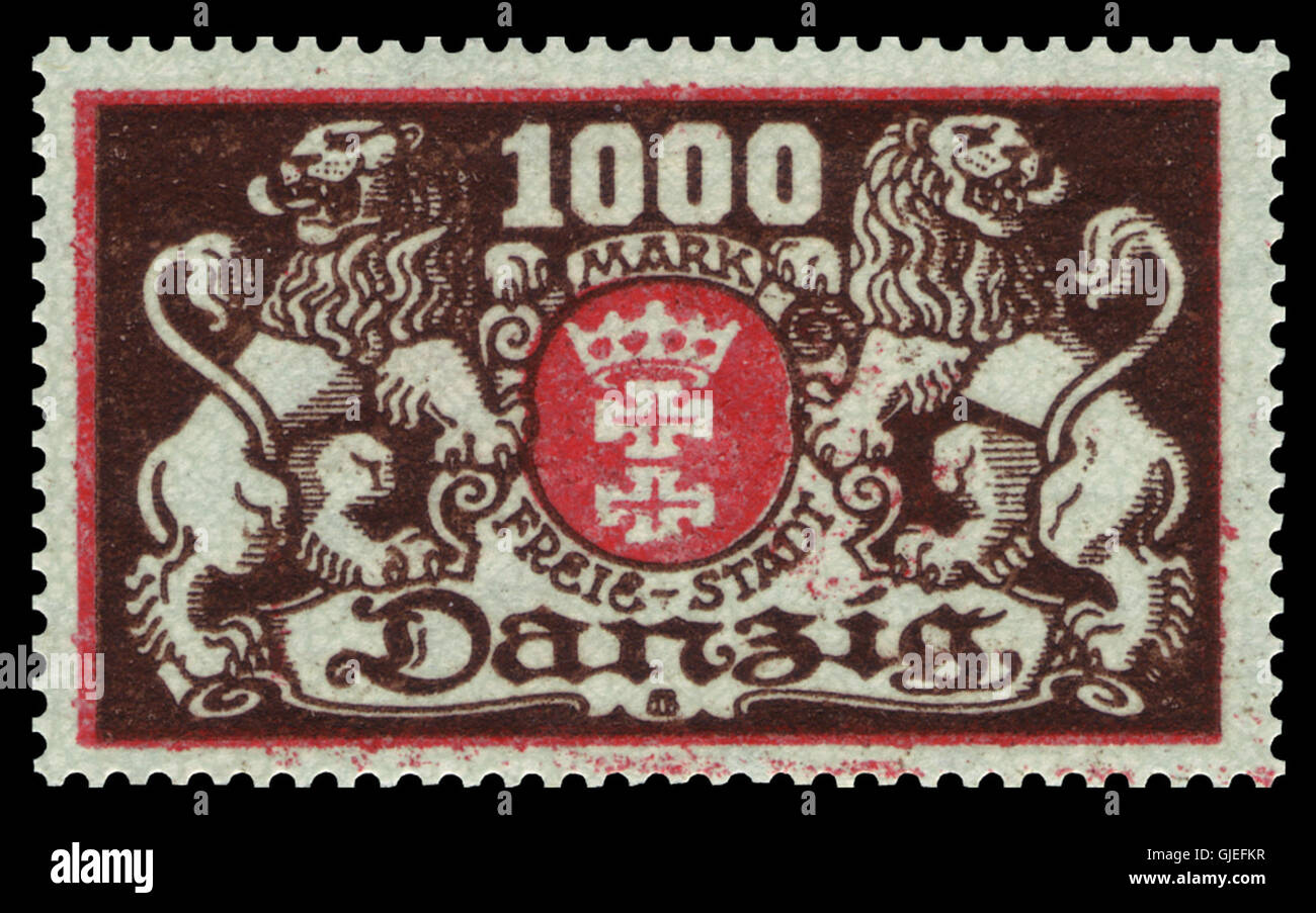 The Danzig 1923 121 stamp features the large state coat of arms ...