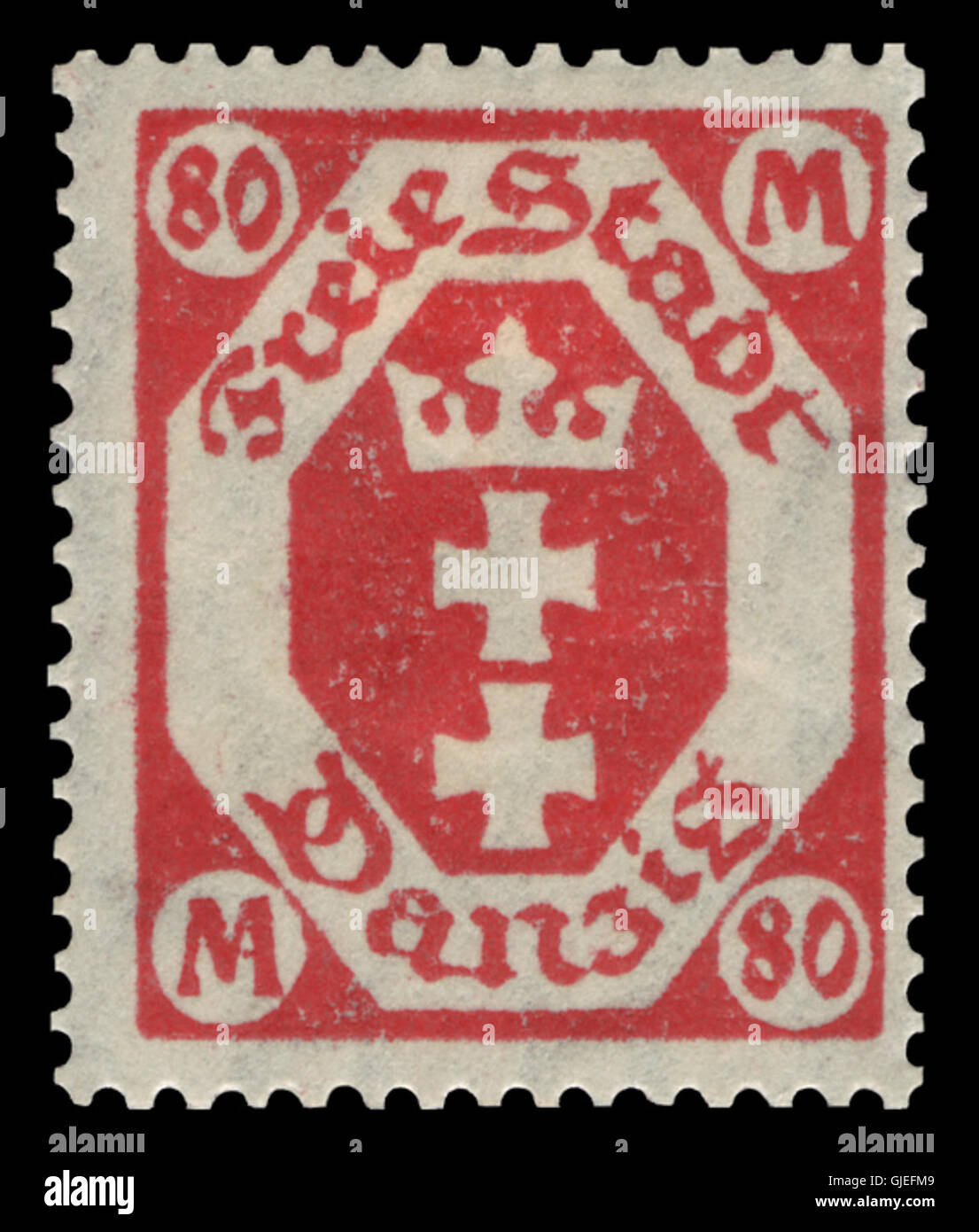 The 1923 Danzig stamp, cataloged as 140, features the coat of arms ...