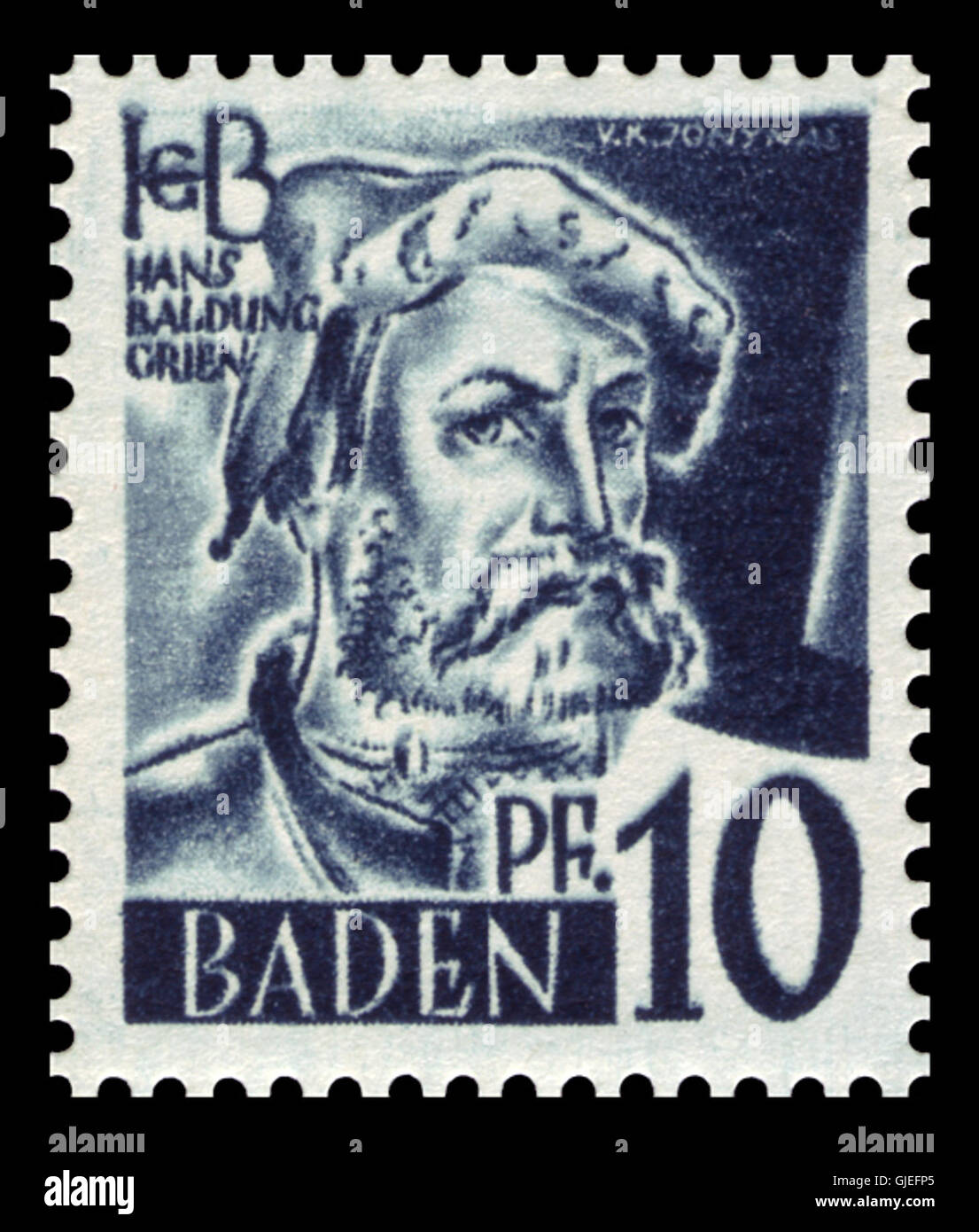 The 1947 Fr. Zone Baden 03 stamp features a portrait of the artist Hans ...