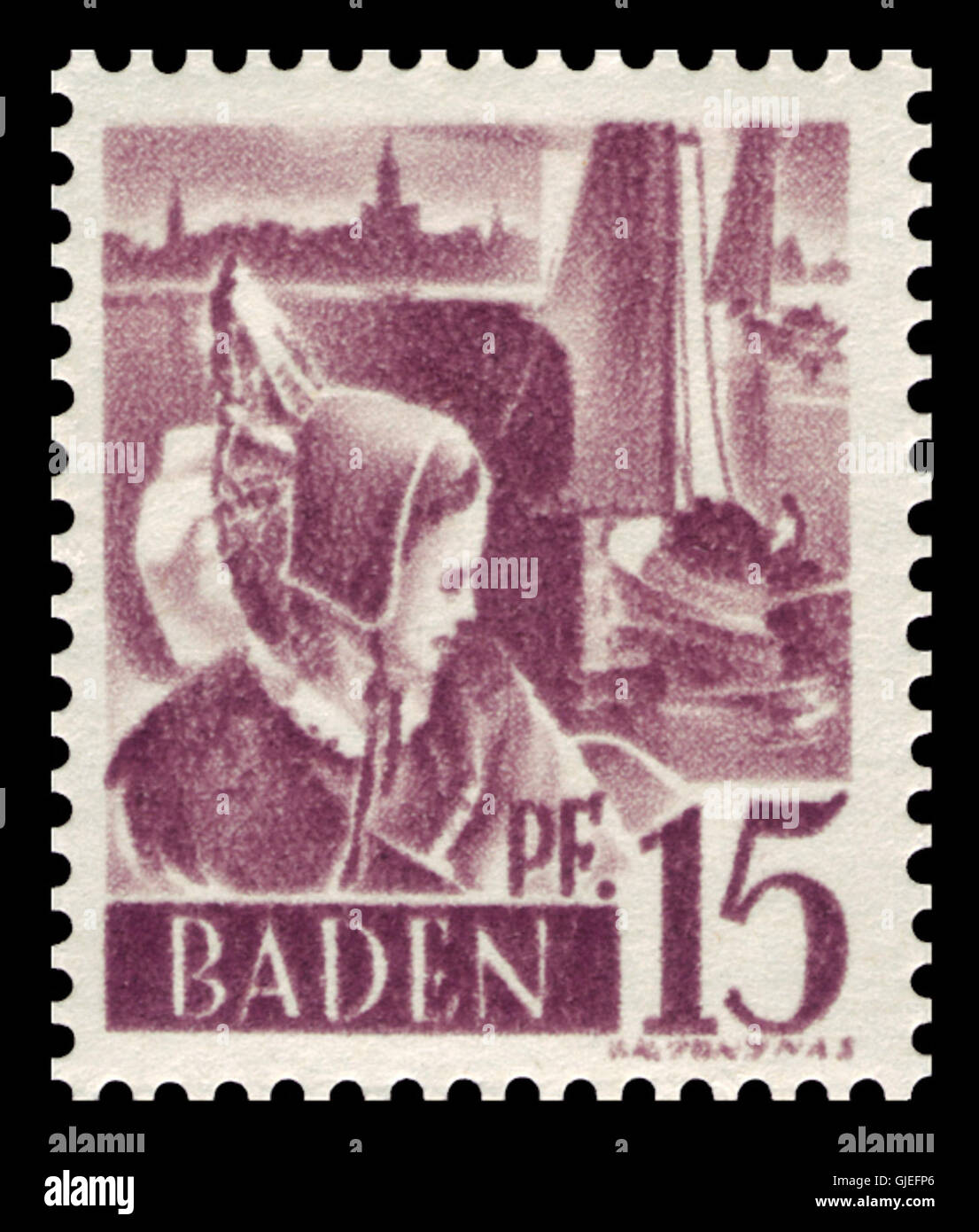 The 1947 05 stamp from the French Zone of Baden features an image of a ...
