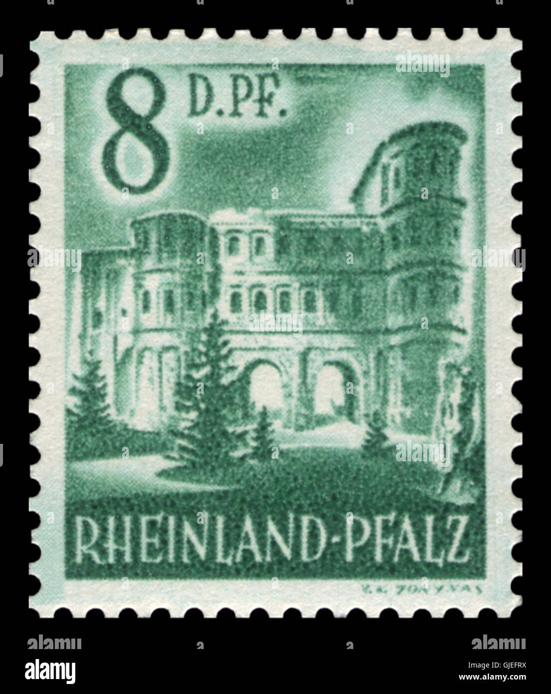 The 1948 French Zone Rheinland-Pfalz 18 stamp depicts the iconic Porta ...