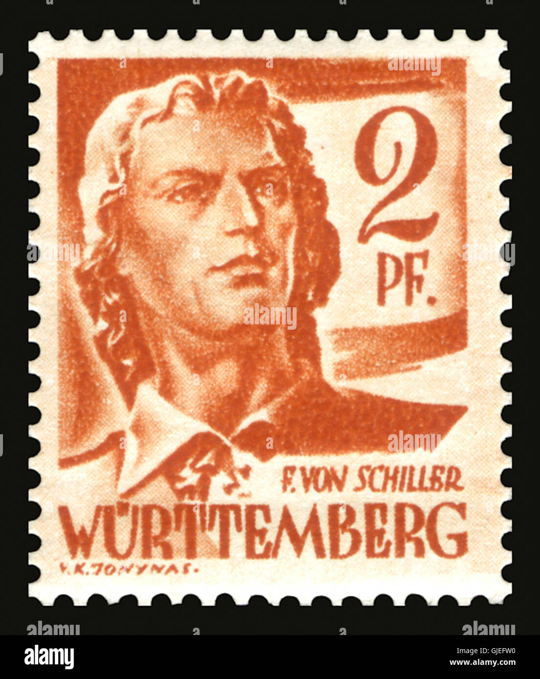 The 1948 Fr. Zone Württemberg 14 stamp features a portrait of German ...