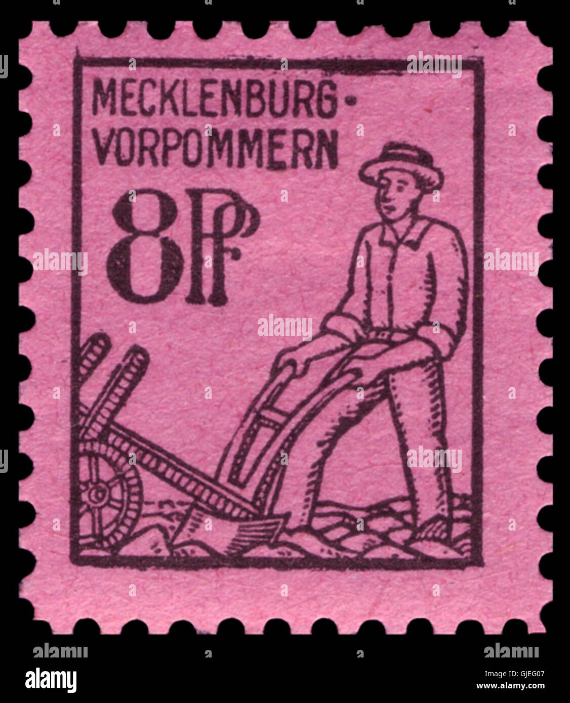 The 1945 SBZ Mecklenburg-Vorpommern 12 Bauer stamp features a design ...