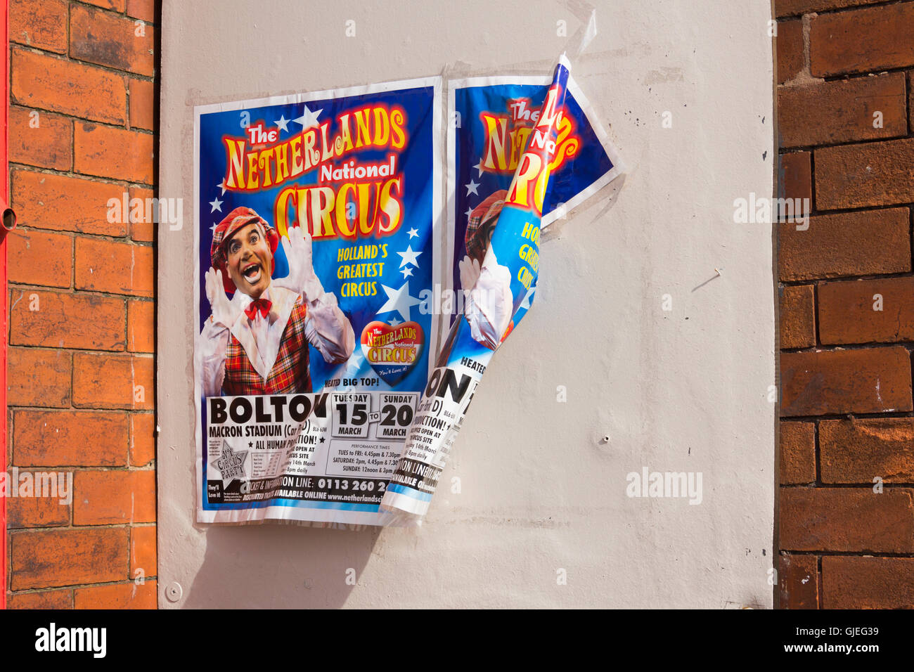Ragged poster on rough noticeboard on a brick wall, advertising the ...