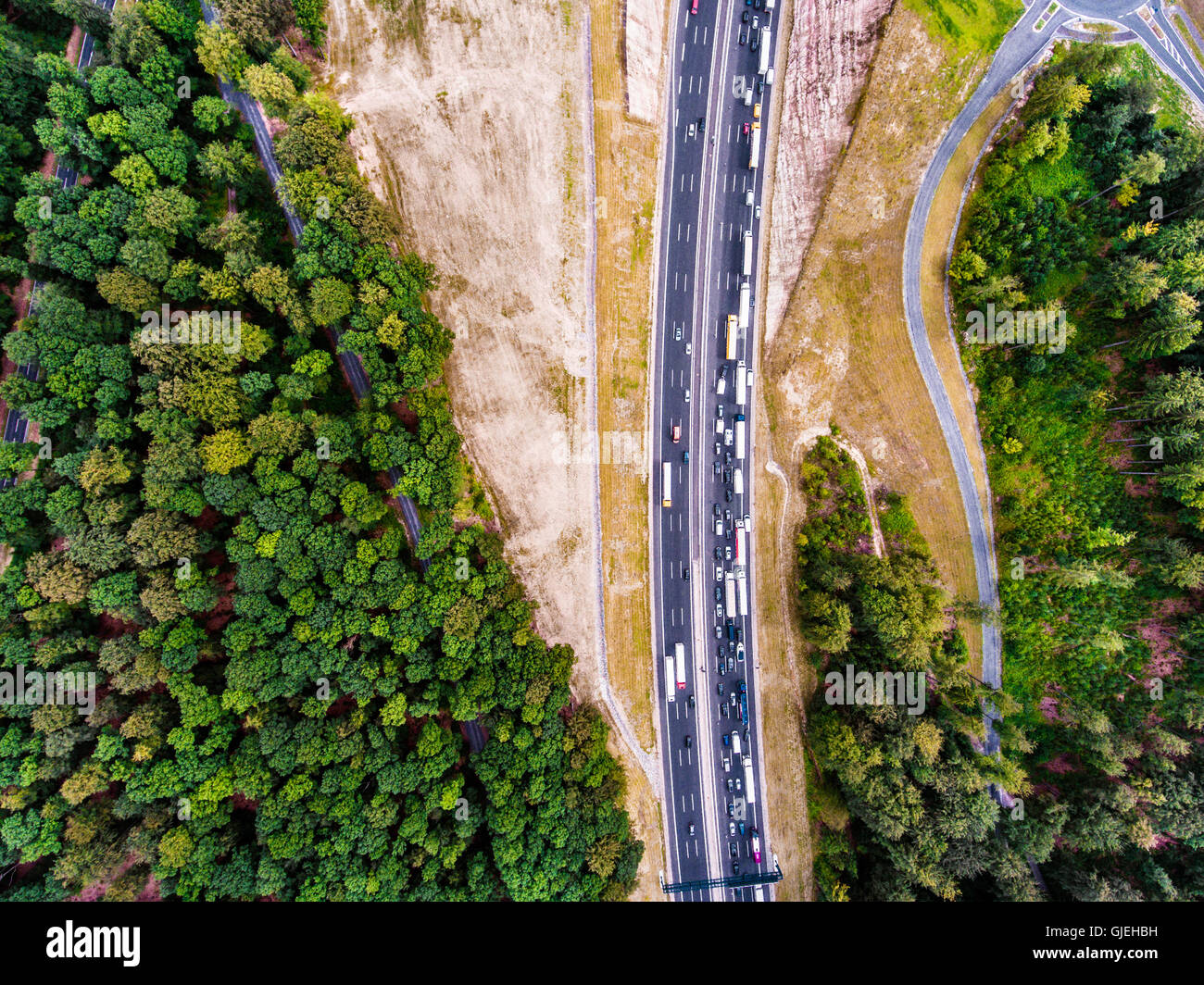 Aerial view of highway, traffic jam, green forest, Netherlands Stock ...