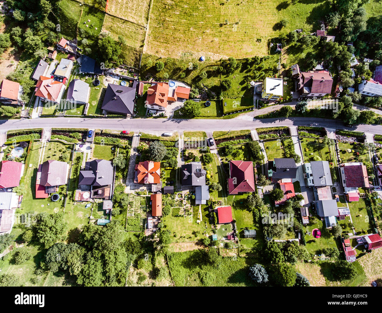 Aerial view of Dutch village, houses with gardens, green park Stock ...