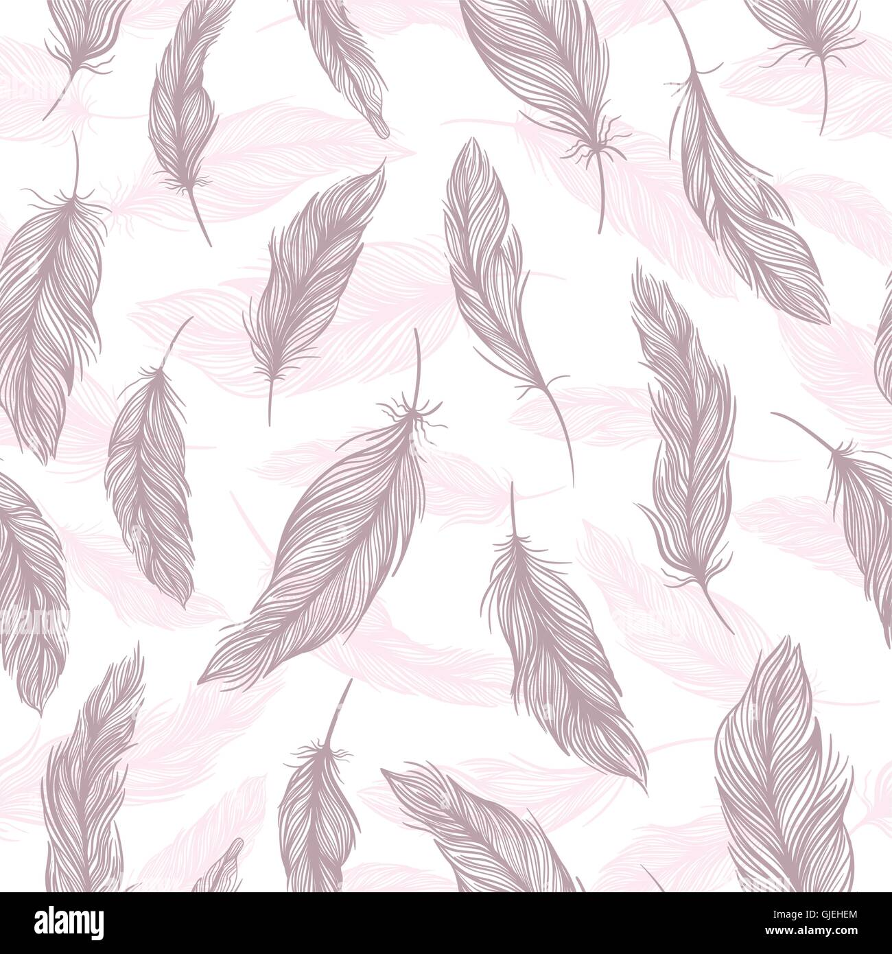 Seamless sketch boho style texture with elegant pink and lilac feathers ...