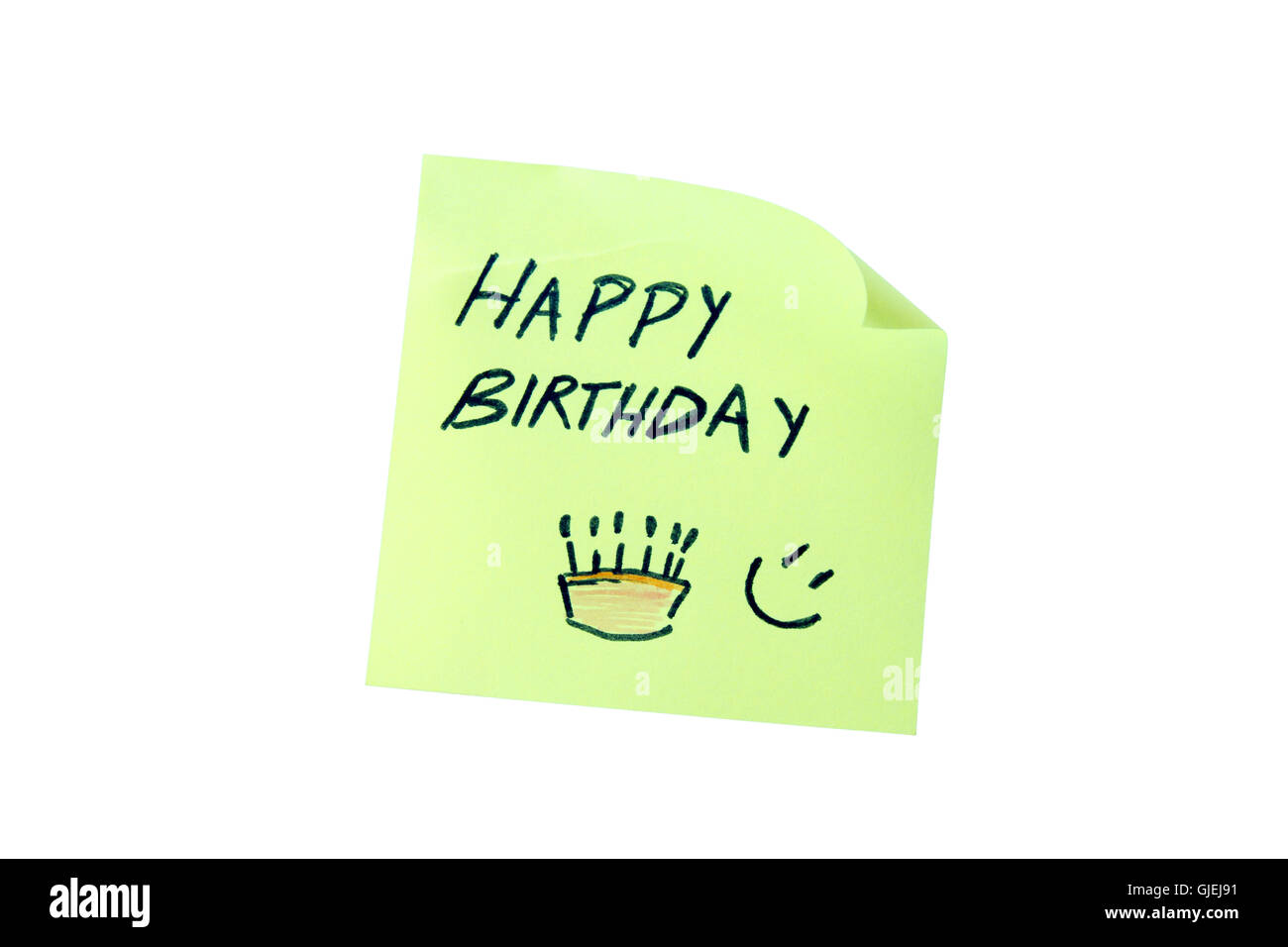 Post it with the words happy birthday on a white background seen from ...