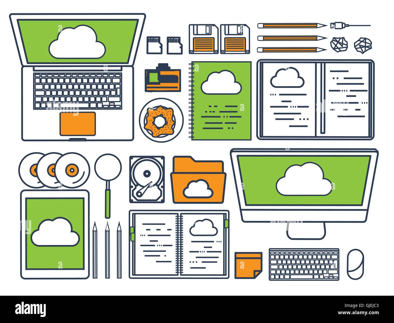 Vector illustration. Workplace, table with documents, computer. Flat cloud computing background ...