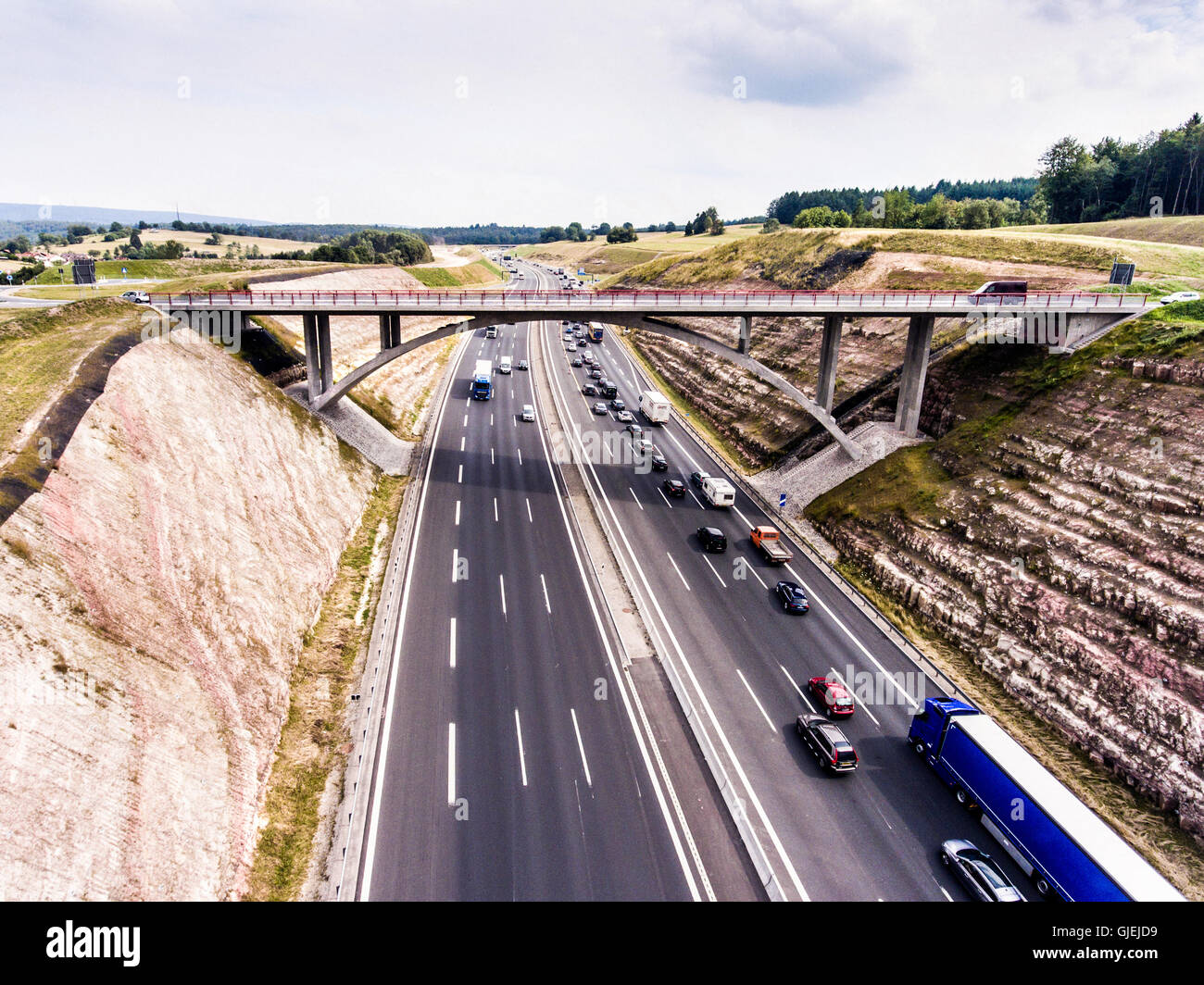 Aerial view of highway, traffic jam, green forest, Netherlands Stock ...