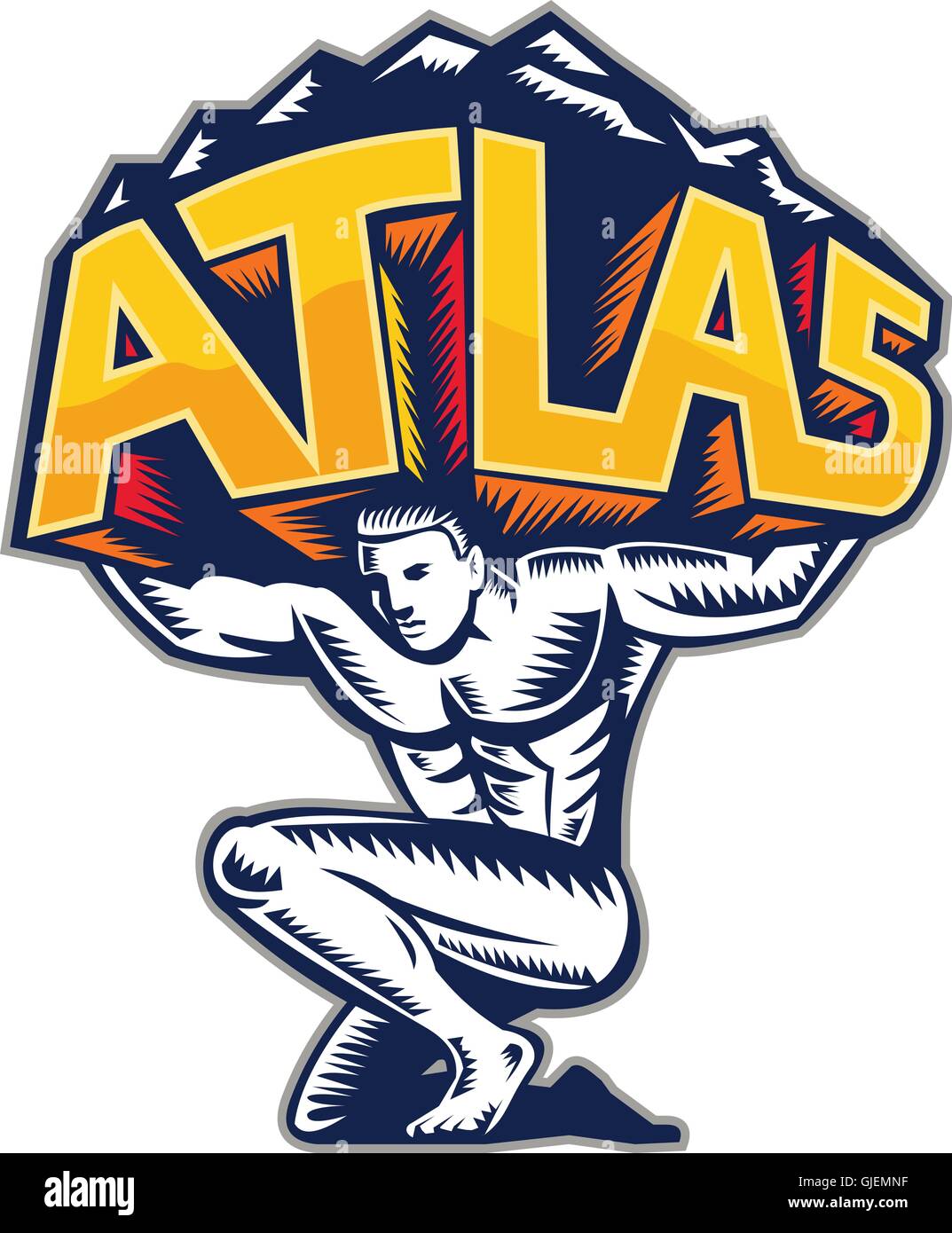 Illustration of Atlas kneeling carrying lifting mountains with the word ...