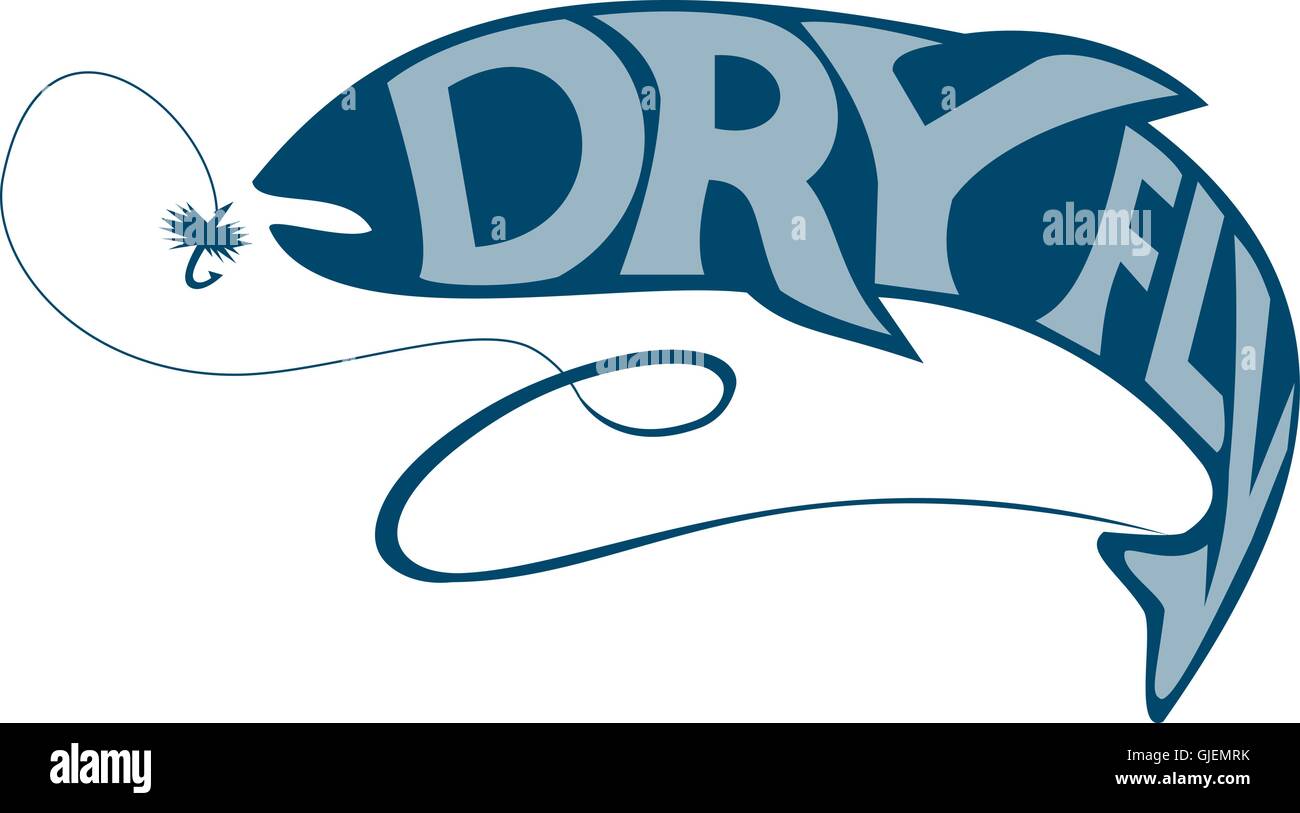 Illustration of a trout fish with the words tex Dry Fly catching a dry ...