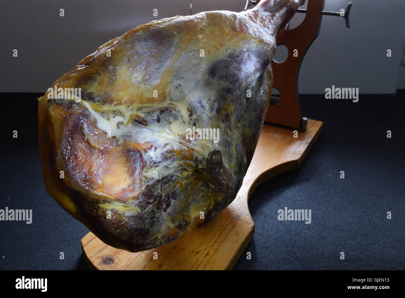 Big Tasty Leg of Jamon Serrano ready to be cut Stock Photo - Alamy