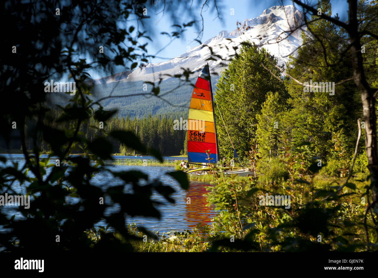 sailboat on Trillium Lake, about 7.5 miles Southwest of Mount Hood ...